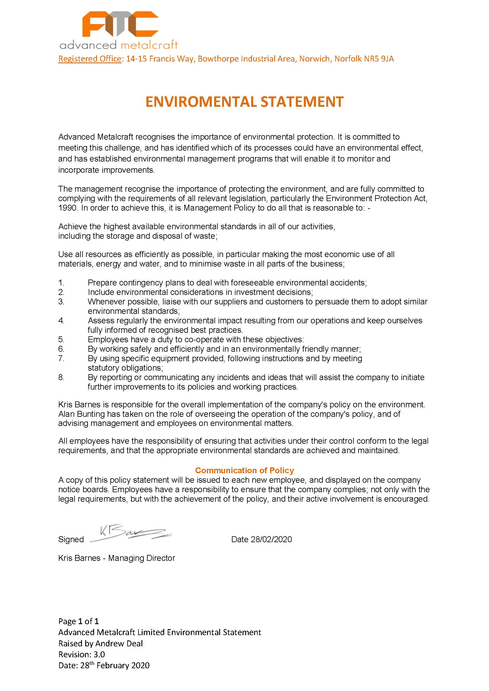 Environmental Policy » Advanced Metalcraft Environmental Policy » Advanced Metalcraft